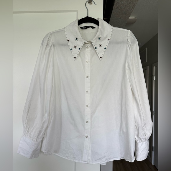 Zara | Tops | Zara White Shirt With Embellished Collar | Poshmark